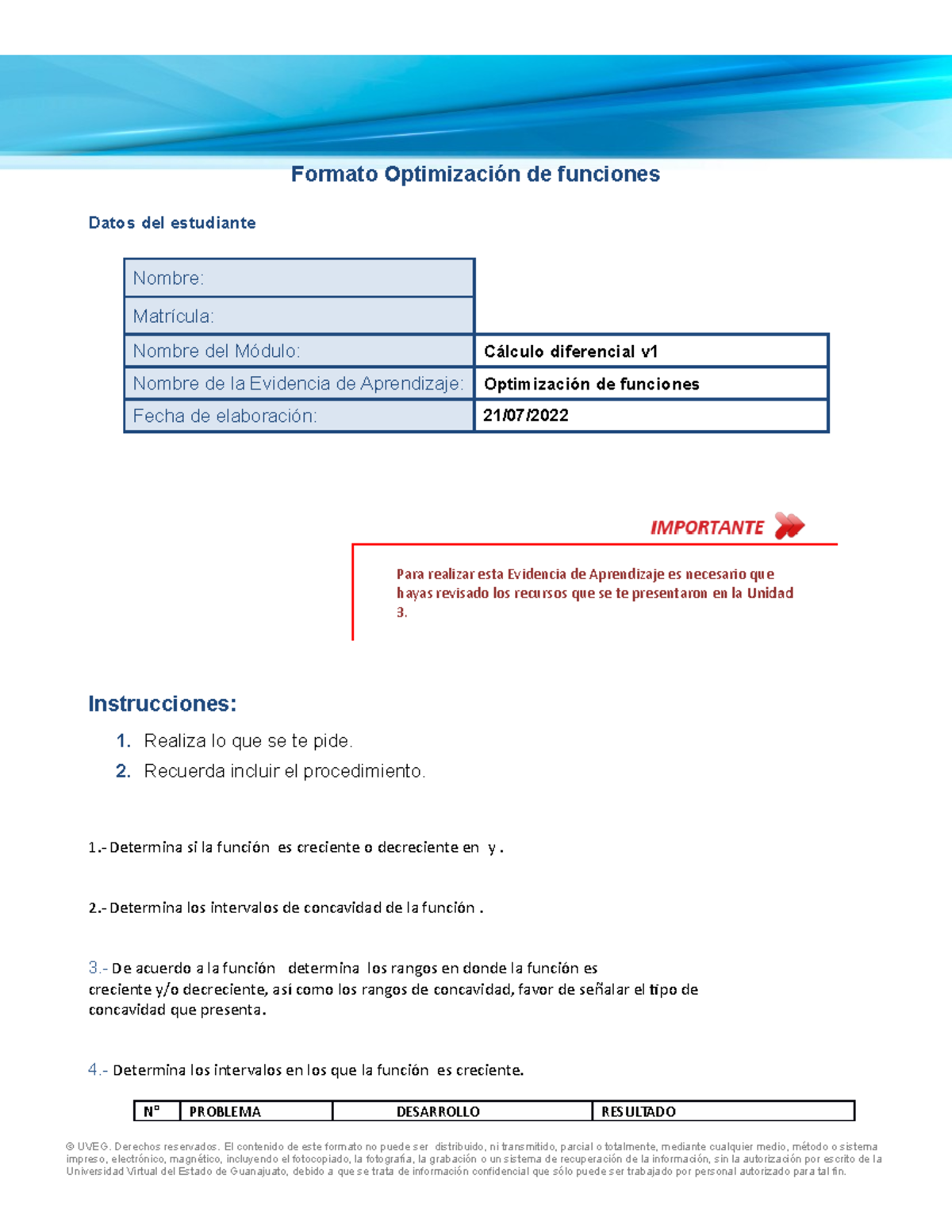 Optimización - trabajo - Formato Optimización de funciones Datos del estudiante Nombre ...