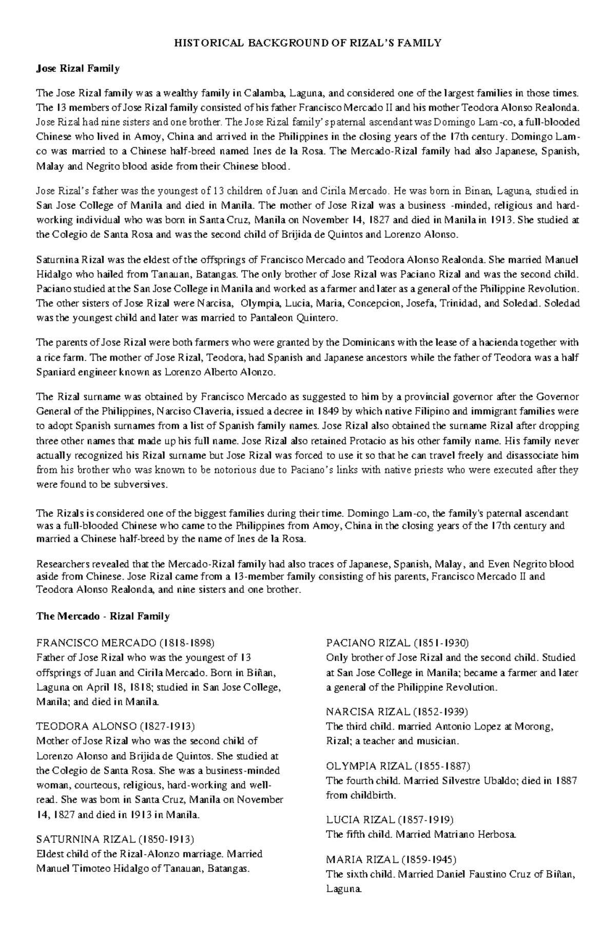 Kenneth-Rizal - HISTORICAL BACKGROUND OF RIZAL’S FAMILY Jose Rizal ...