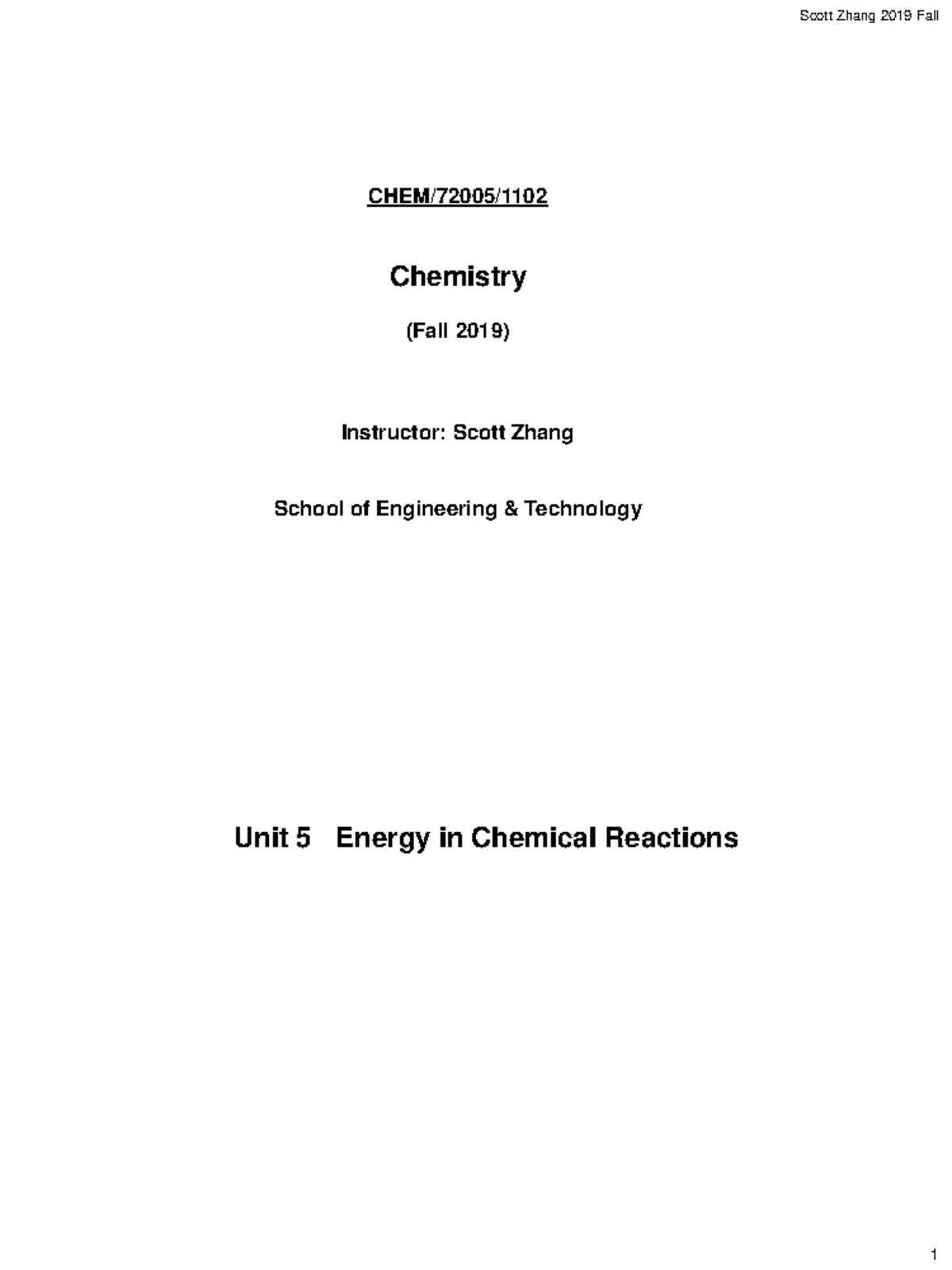Unit 5 - Energy in Chemical Reactions - CHEM/72005/ Chemistry (Fall ...