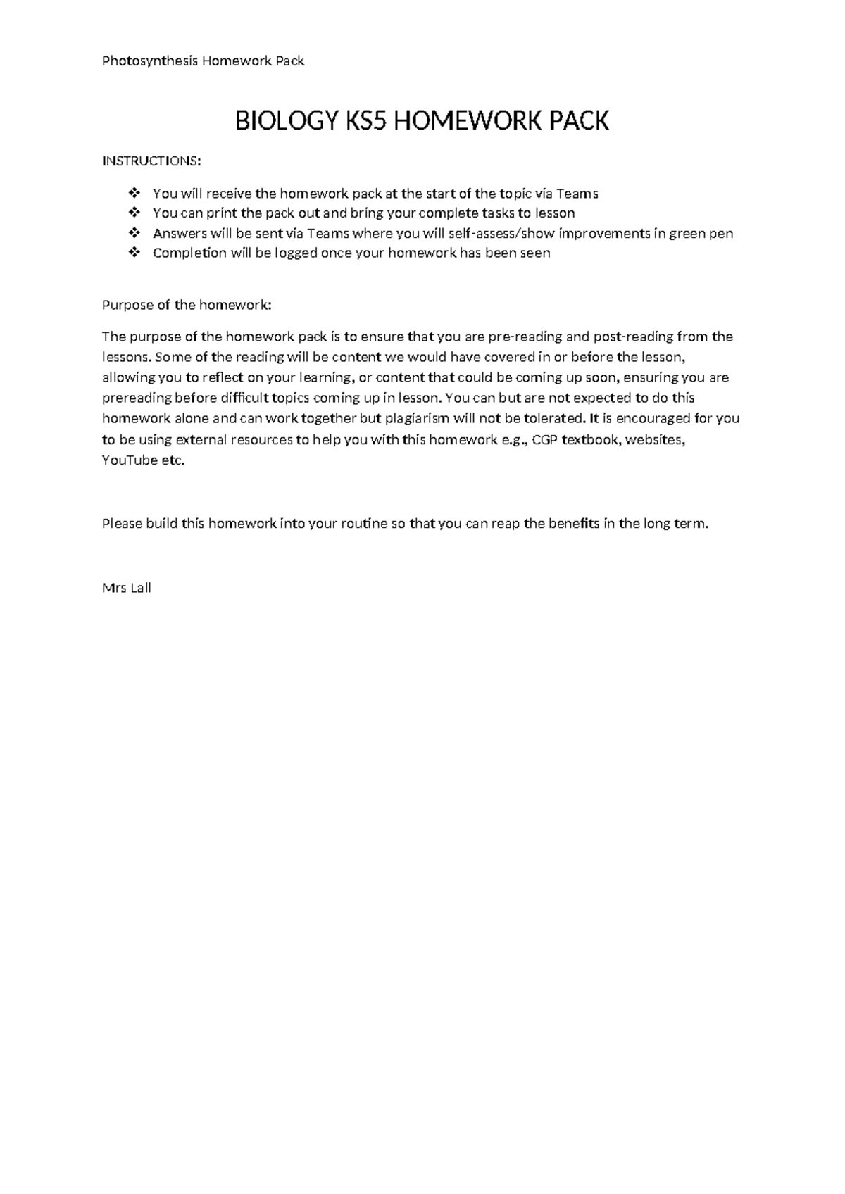 Photosynthesis homework pack - BIOLOGY KS5 HOMEWORK PACK INSTRUCTIONS ...