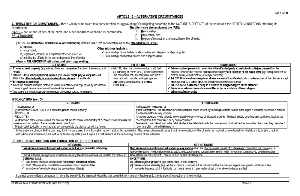 Criminal Law 1 Reviewer Article 15-97 - The alternative circumstances ...