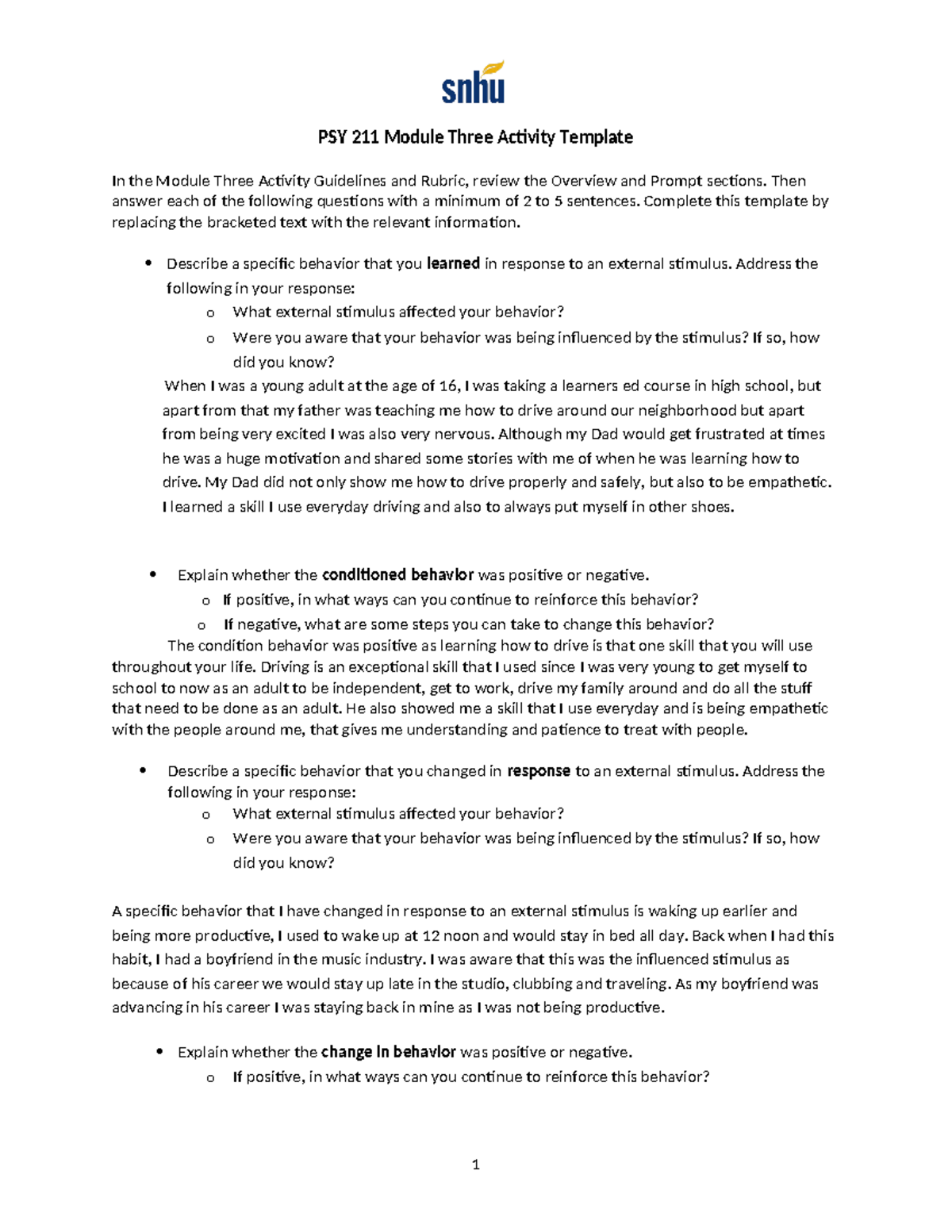 PSY 211 Module Three Activity Template - Then answer each of the ...