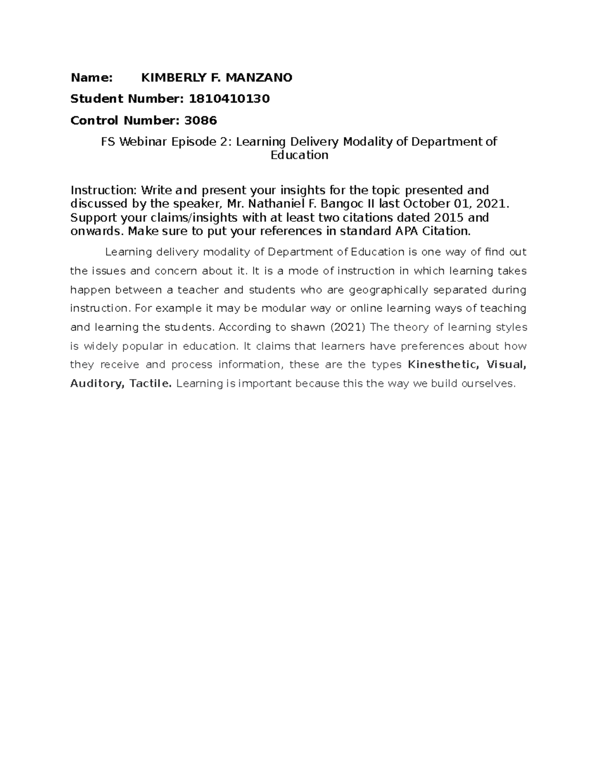 Webinar - Name: KIMBERLY F. MANZANO Student Number: 1810410130 Control ...