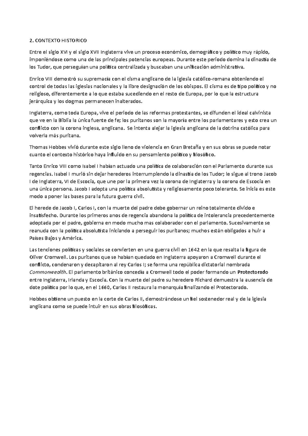Hobbes - 2. CONTEXTO HISTORICO Entre el siglo XVI y el siglo XVII ...
