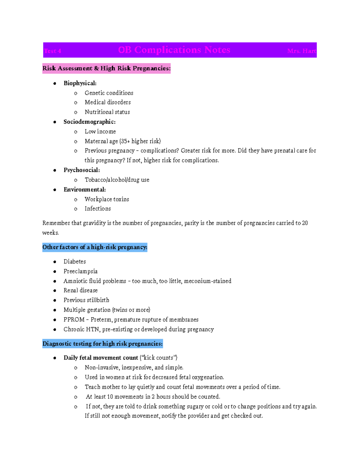 OB Complications Lecture Notes 2 - Test 4 OB Complications Notes Mrs ...