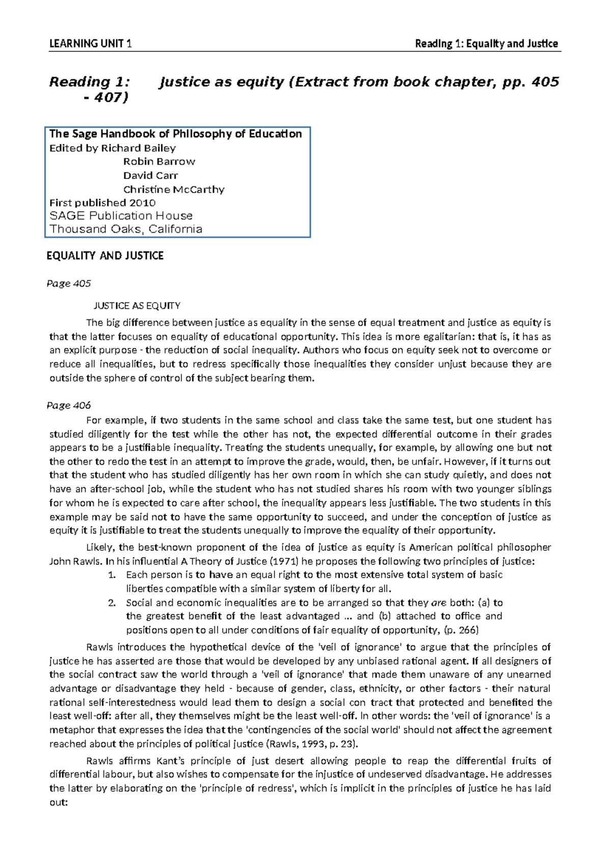 EDUB1623 Article and Worksheet 1 - LEARNING UNIT 1 Reading 1: Equality ...