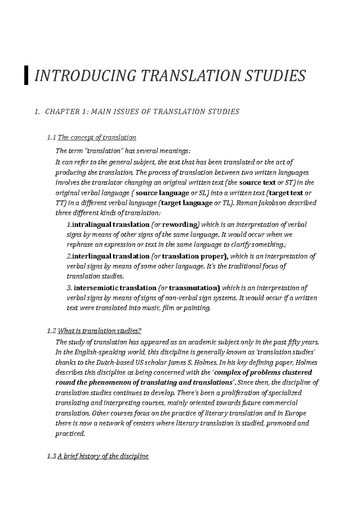 Riassunto prima parte Le T Inglese - INTRODUCING TRANSLATION STUDIES 1 ...