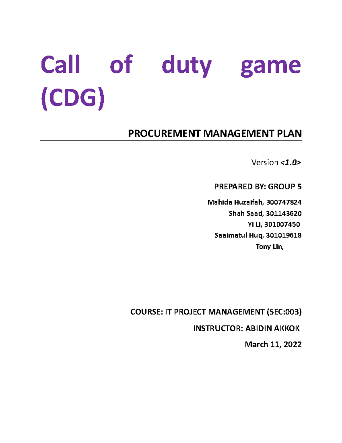 Procurement Plan Management - Call of duty game (CDG) PROCUREMENT ...