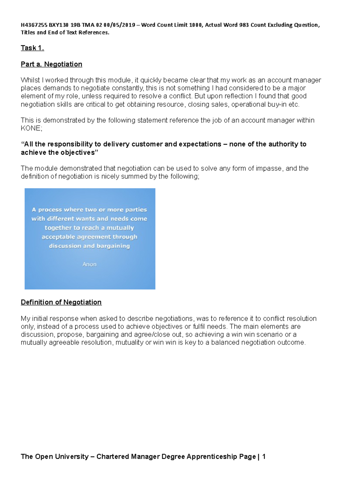 H4367255 BXY130 19B TMA02 - Titles and End of Text References. Task 1. Part a. Negotiation ...