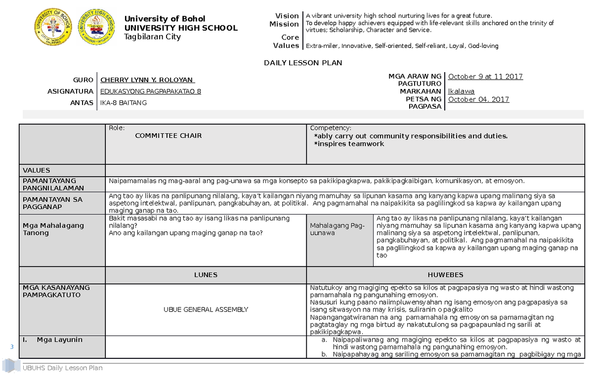 Values Education Lesson Plan 2020-2021 - 3 DAILY LESSON PLAN GURO ...