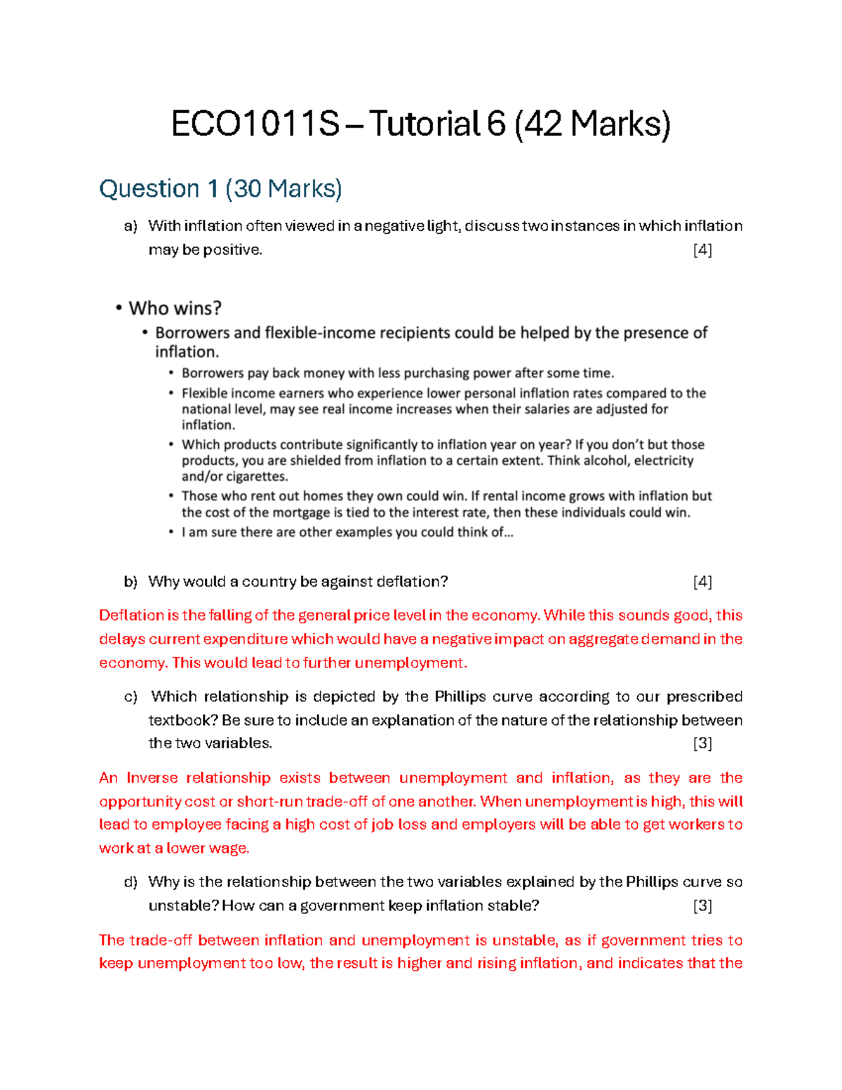ECO1011S - Tutorial 6 - Memo - ECO1011S – Tutorial 6 (42 Marks) Question 1 (30 Marks) a) With ...