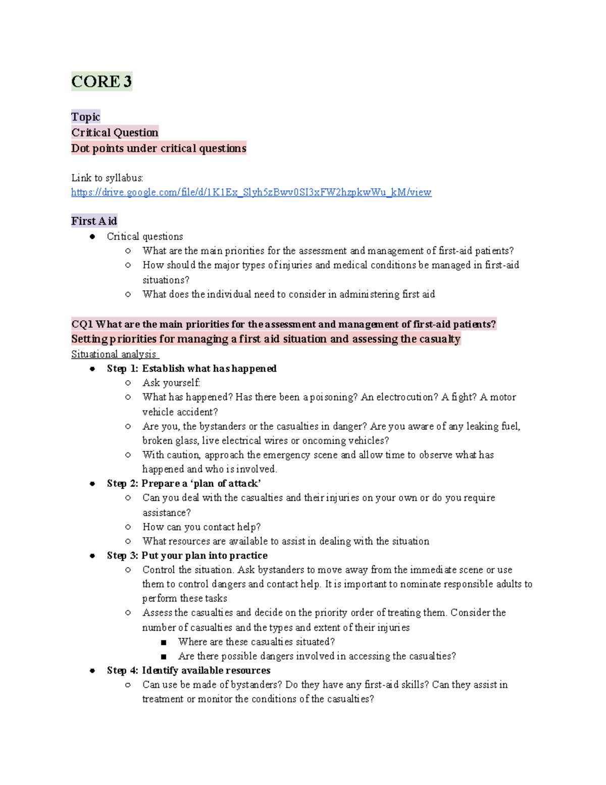 PDH Body in Motion + First Aid - CORE 3 Topic Critical Question Dot ...