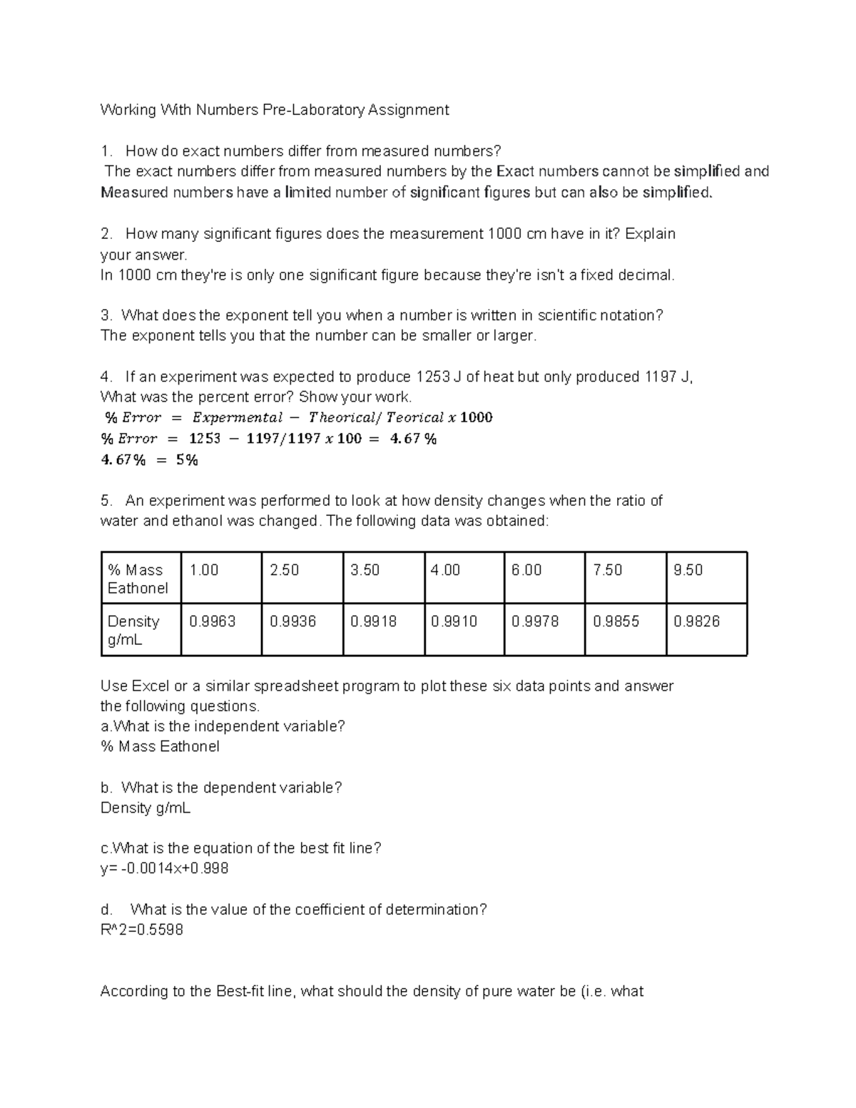 CHEM 181 Working With Numbers - Working With Numbers Pre-Laboratory ...
