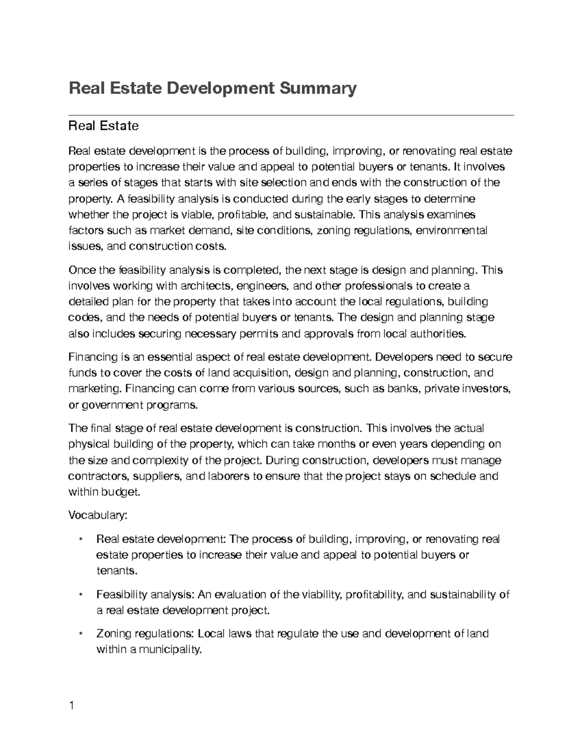 Real Estate Development Summary - It involves a series of stages that ...