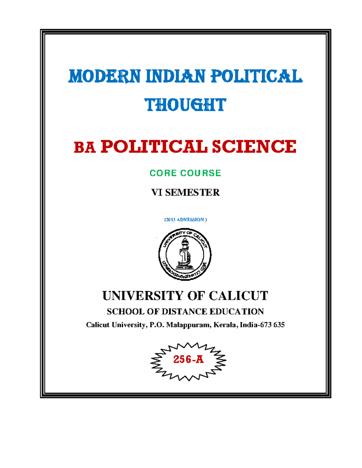 modern political thought - MODERN INDIAN POLITICAL THOUGHT BA POLITICAL ...