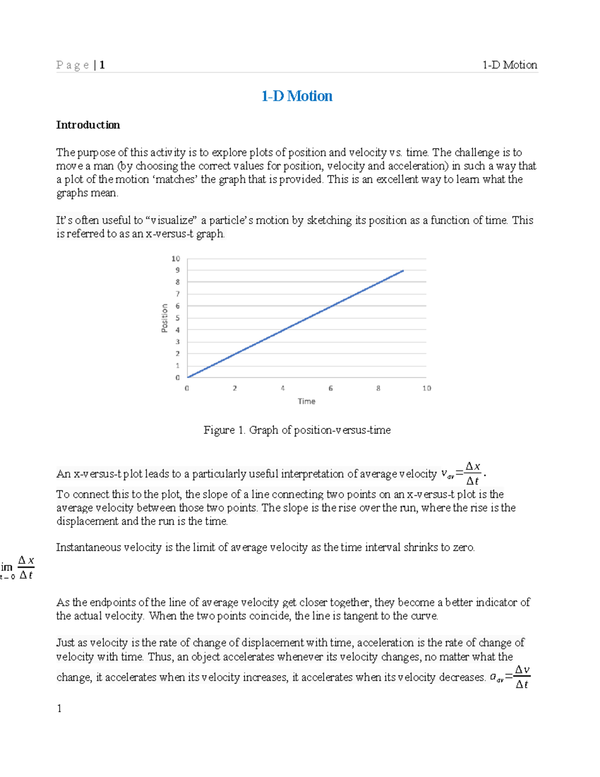 01 1D Motion LAB (Fall 2022 online version) - P a g e | 1 1-D Motion 1 ...
