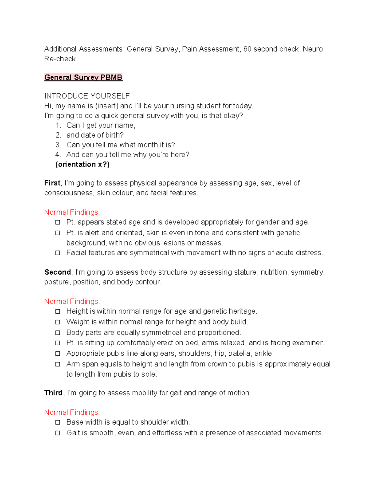 M&L OSCEs Notes - Additional Assessments: General Survey, Pain ...
