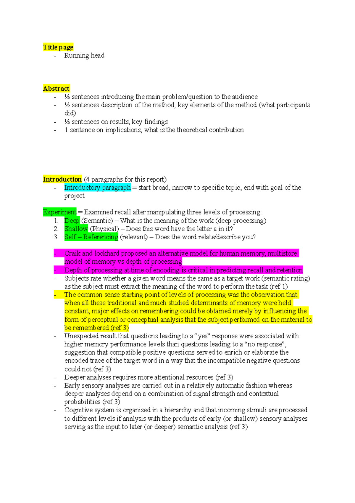Lab report plan - Title page - Running head Abstract - ½ sentences ...