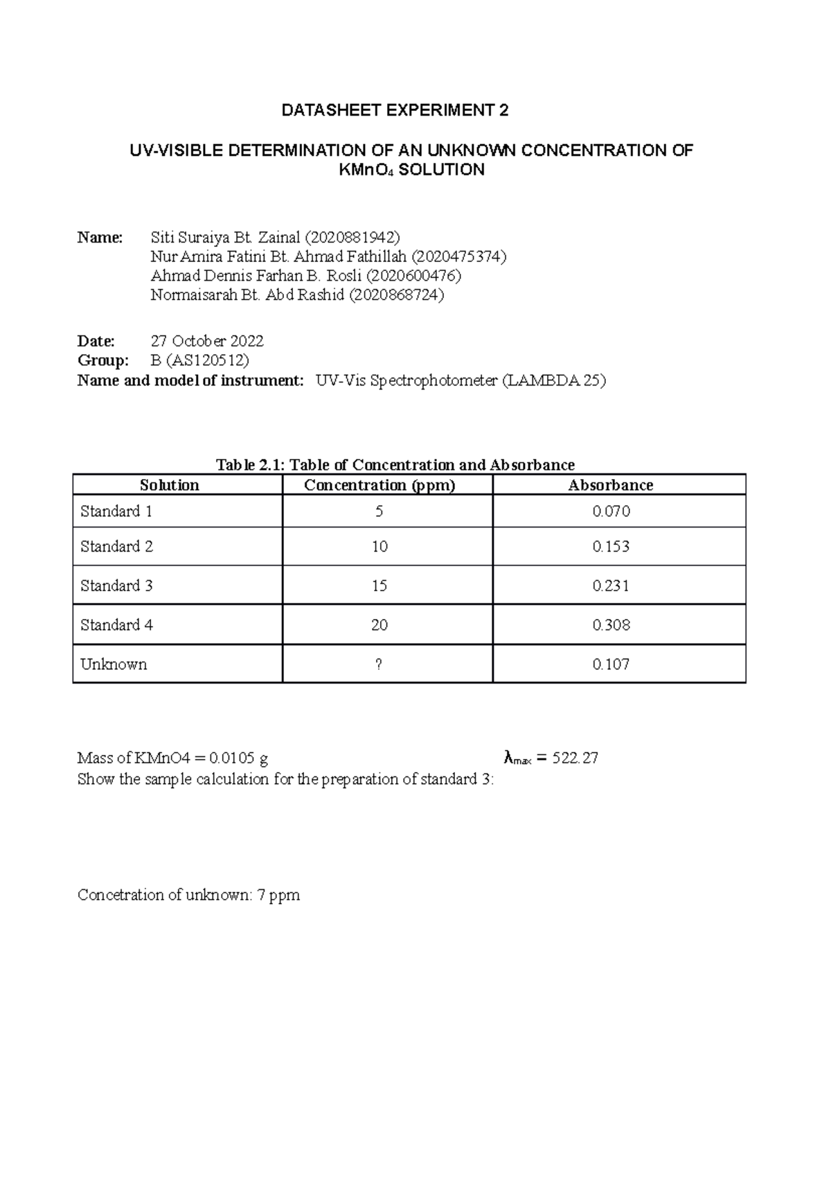 Datasheet Experiment 2 - DATASHEET EXPERIMENT 2 UV-VISIBLE DETERMINATION OF AN UNKNOWN ...