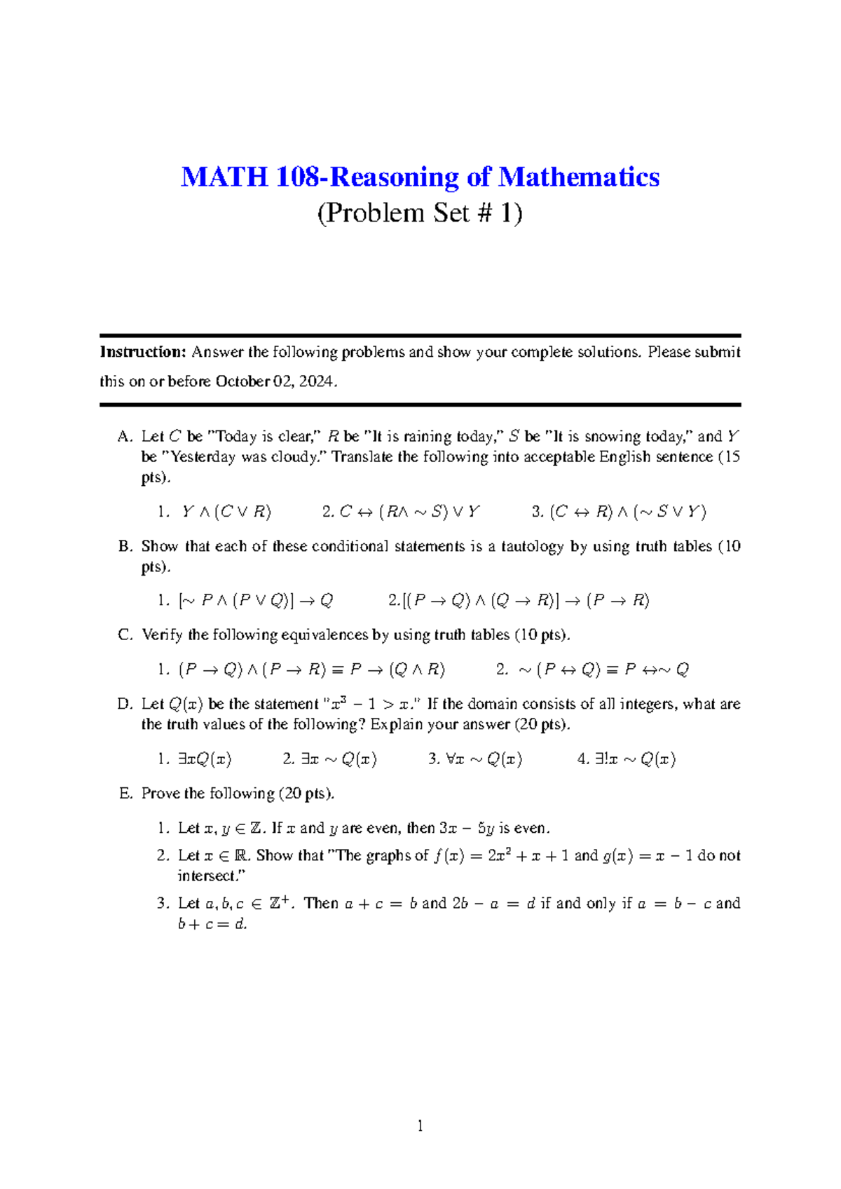 Math108-problem-set1 - MATH 108-Reasoning of Mathematics (Problem Set ...