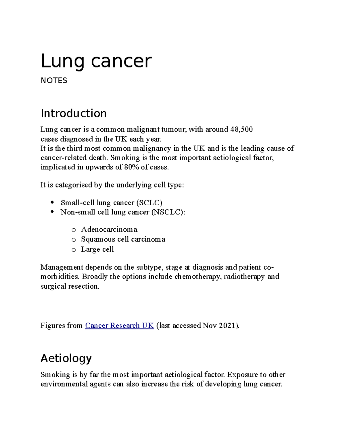 Lung cancer - Lecture notes - Lung cancer NOTES Introduction Lung ...