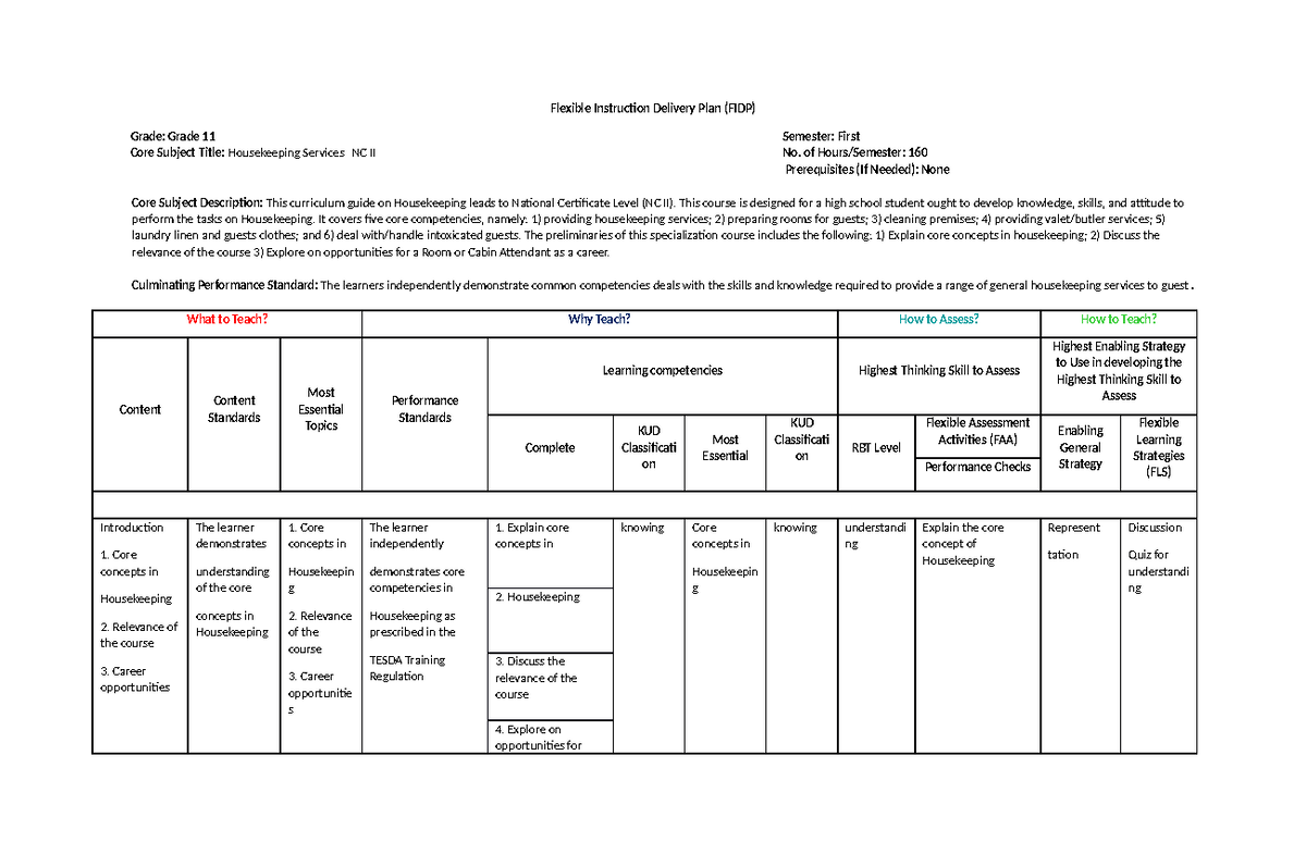 Housekeeping Flexible Instruction Delivery Plan Template 1 - Flexible ...