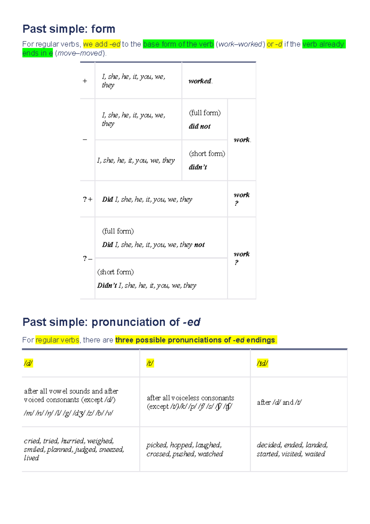 Past simple - resumen - Past simple: form For regular verbs, we add -ed ...