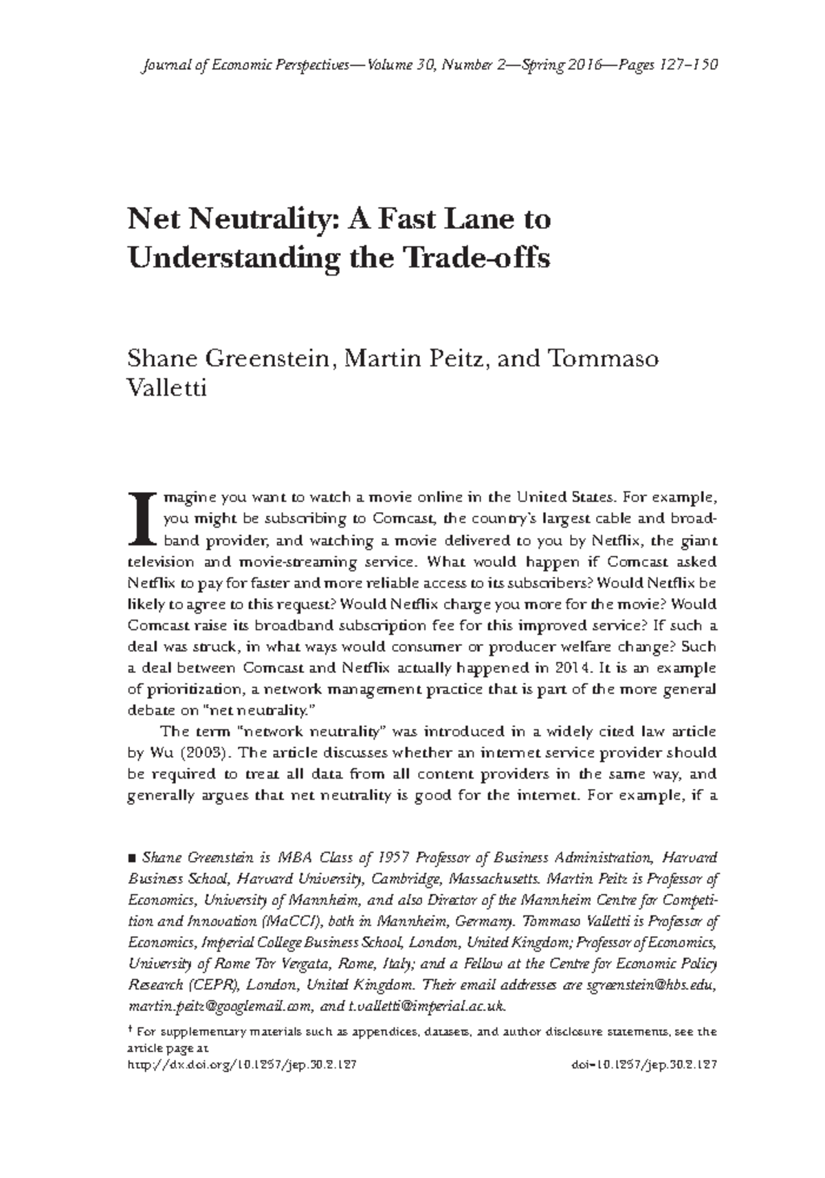 Net Neutrality A Fast Lane to Understanding the Trade offs - Journal of ...