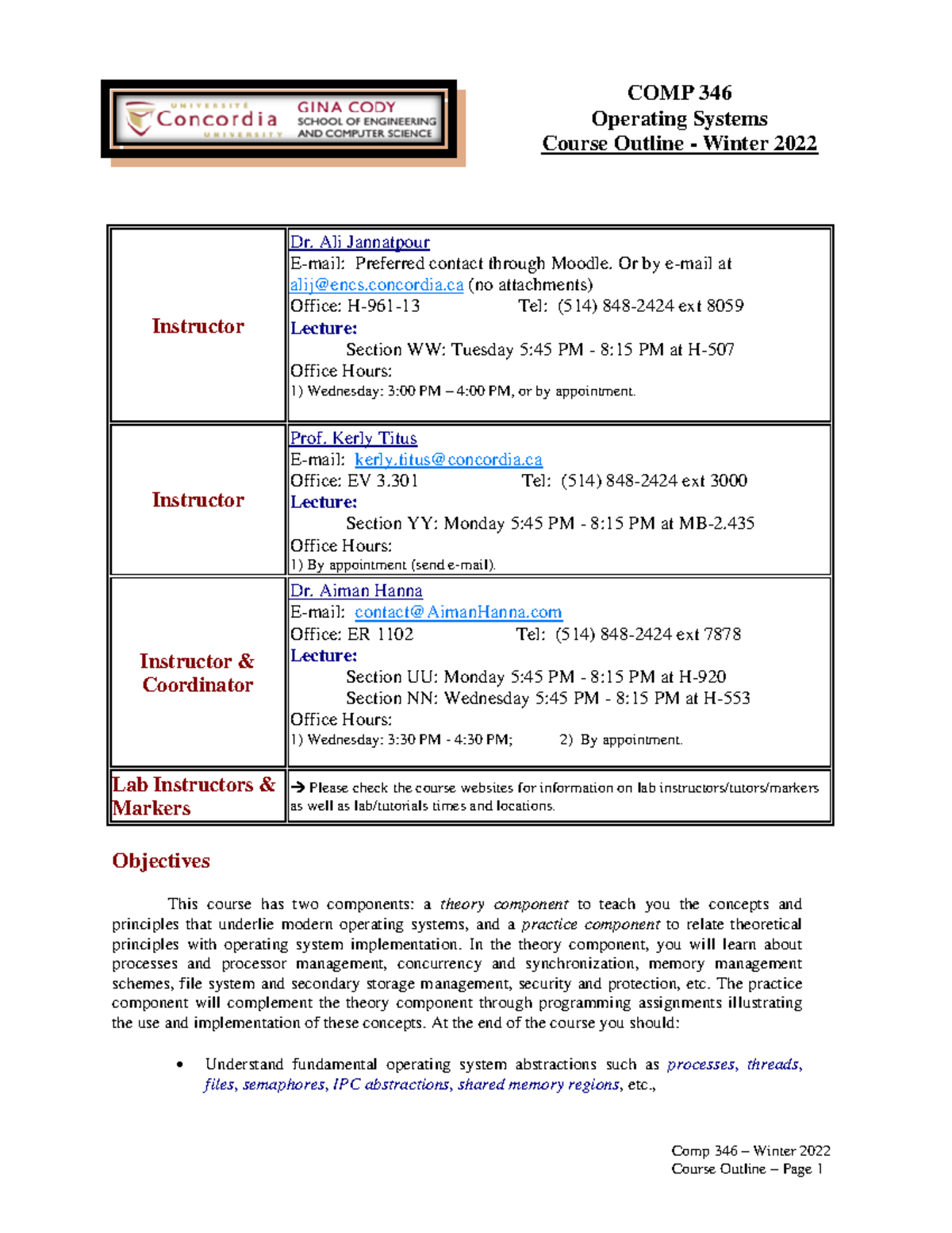 COMP 346 - Operating Systems: Outline Winter 2022 - Comp 346 – Winter ...