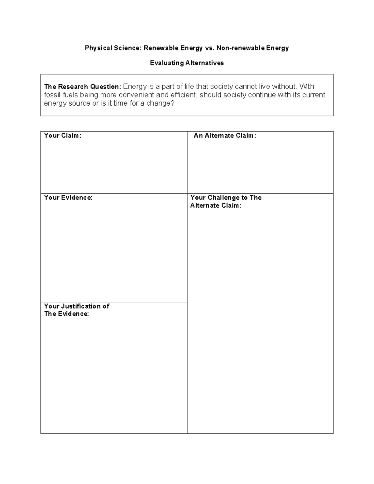 Energy argumentation dave wimert student handout - Physical Science ...