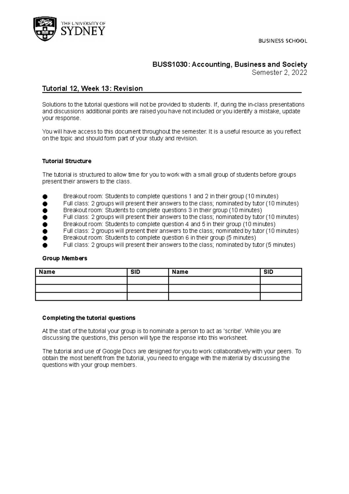Tutorial w13 - BUSS1030: Accounting, Business and Society Semester 2 ...