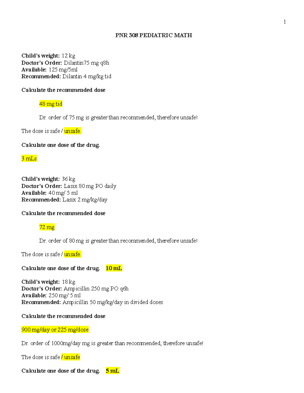 Pediatric MATH Review Answers - 1 PNR 308 PEDIATRIC MATH Child’s weight ...