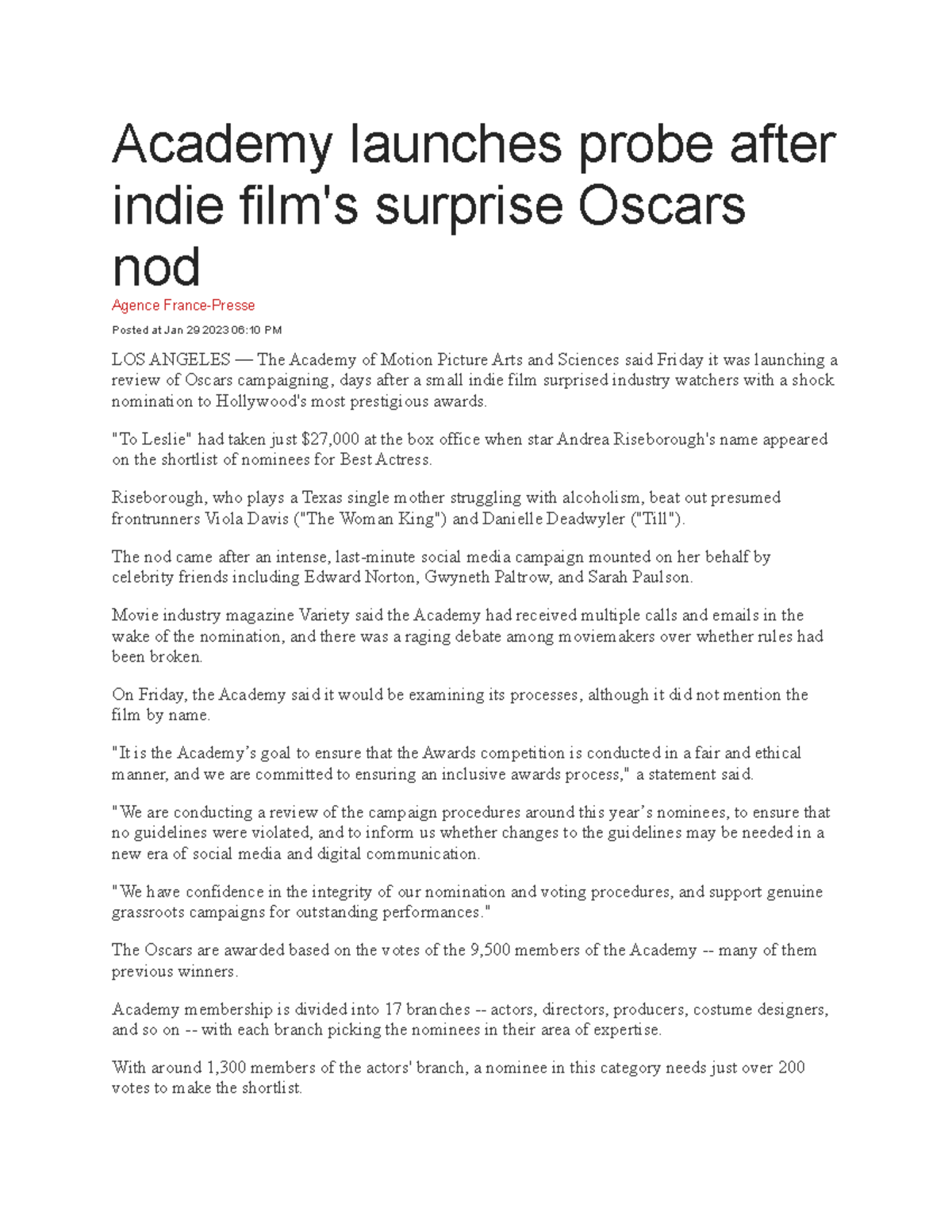 Academy launches probe after indie film's surprise Oscars nod - Academy ...