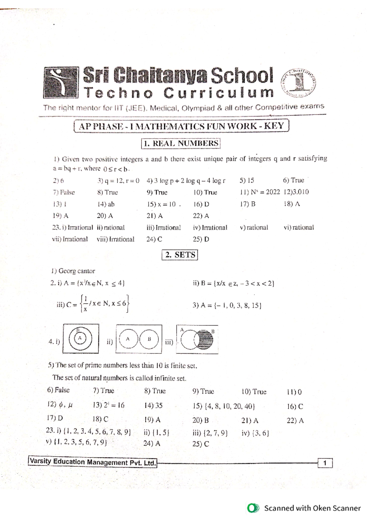 Maths Fun key phase-1 23-24 - Sri Chaitanya School Techno Curriculu m The right mentor for IIT ...