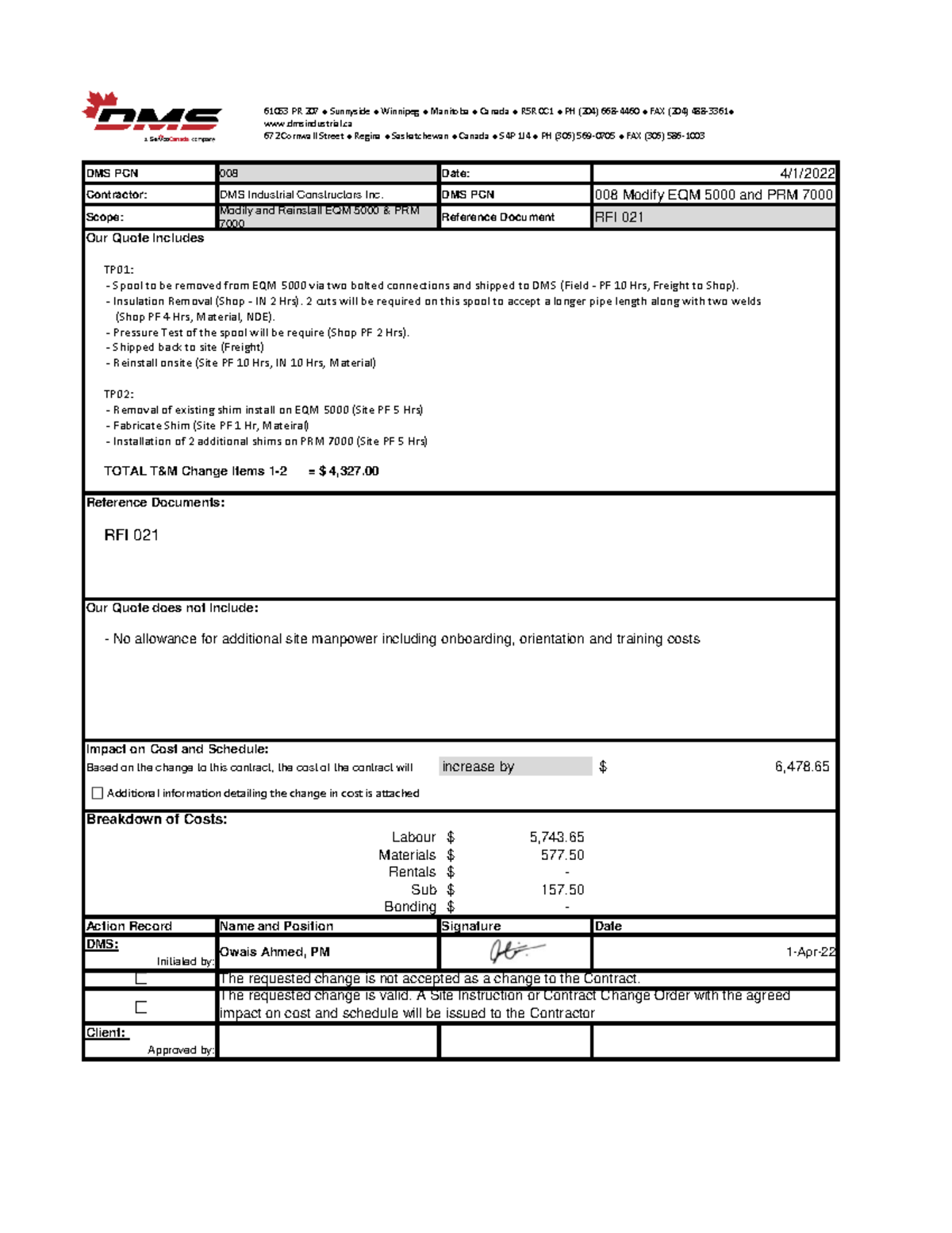21D1309 - PCN Template - Cover page for estimate to be submitted to the ...