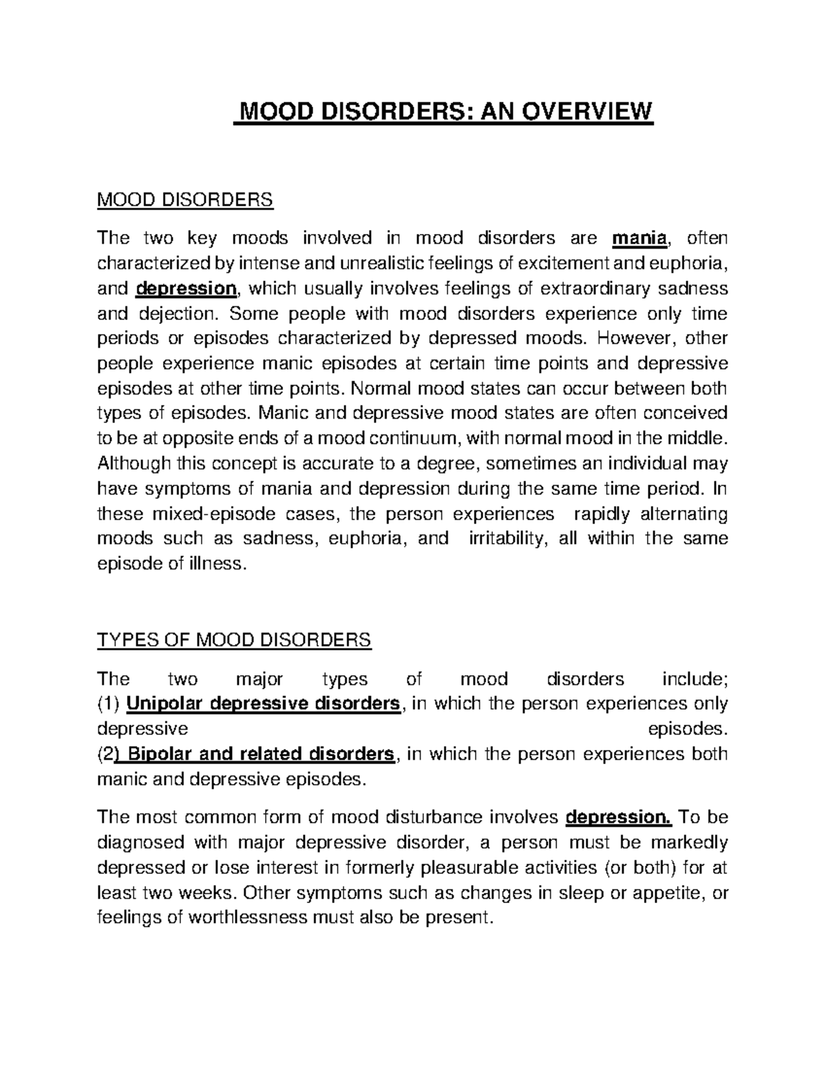 Module 5 AB - MOOD DISORDERS: AN OVERVIEW MOOD DISORDERS The two key ...