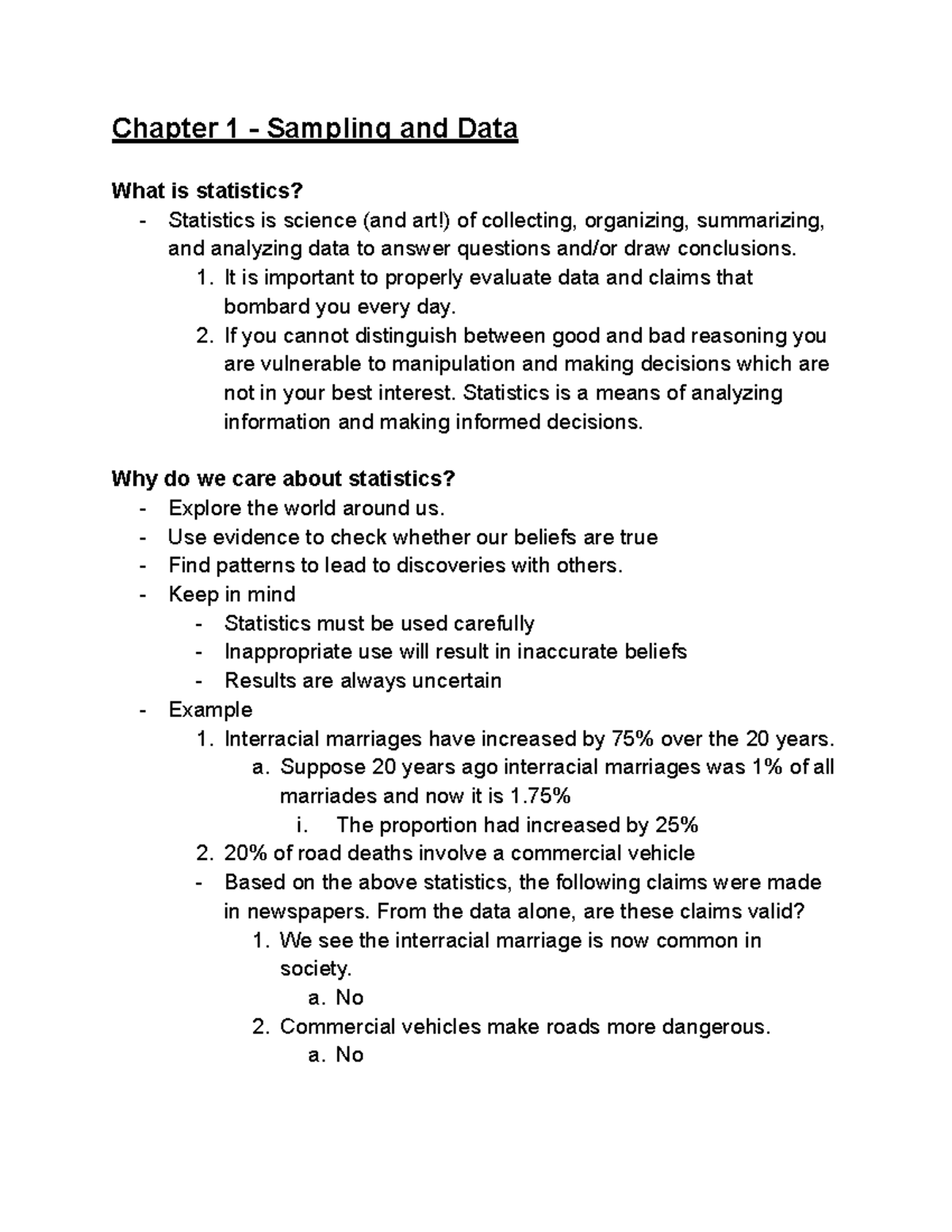 Math Notes - Chapter 1 part 1 - Chapter 1 - Sampling and Data What is ...