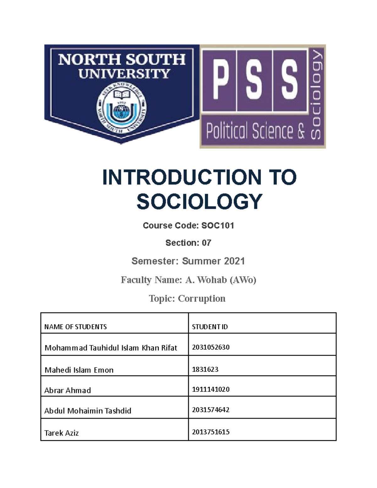 Soc101_AWo_Corruption - INTRODUCTION TO SOCIOLOGY Course Code: SOC ...