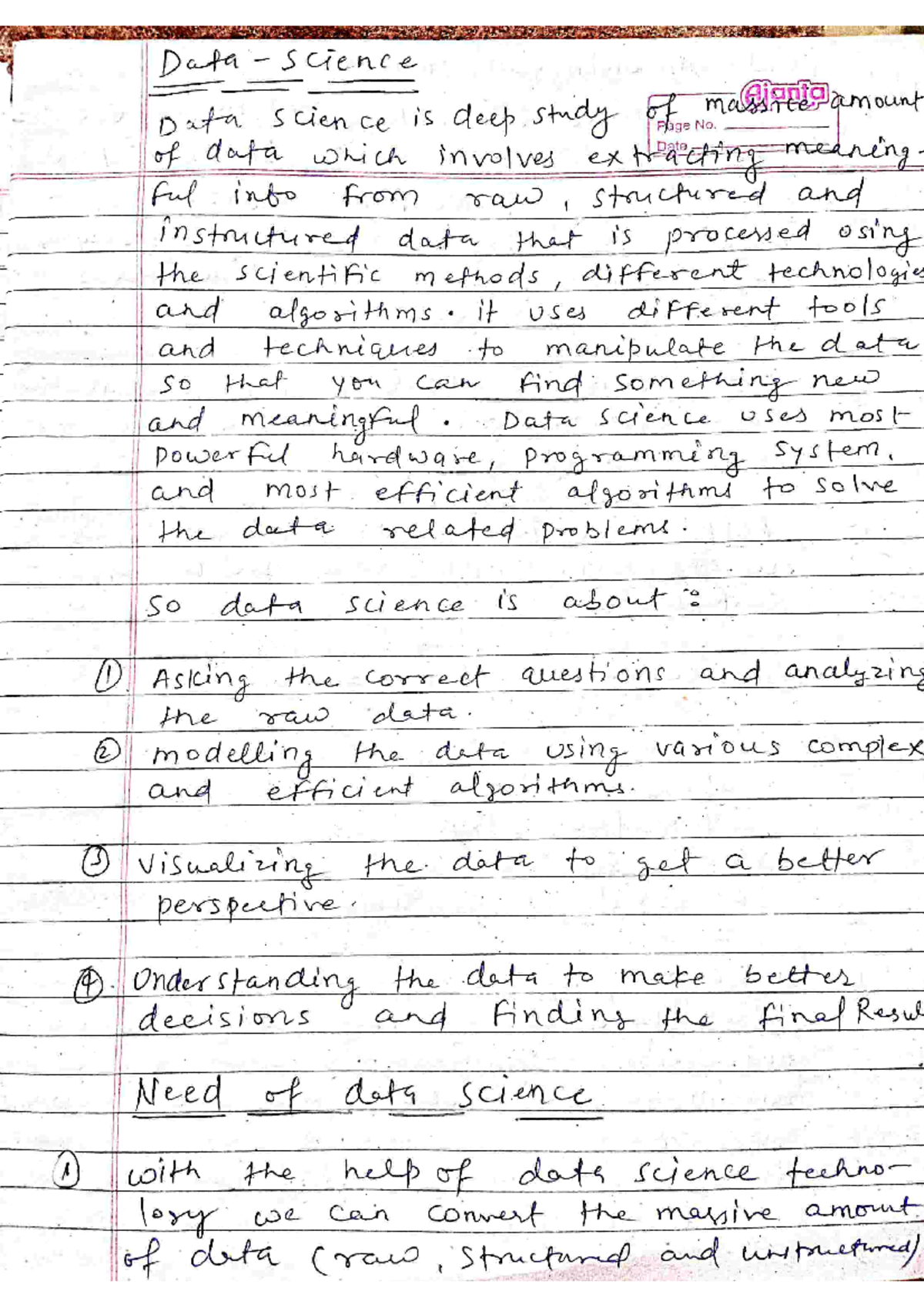 Data science notes - Data science Data scien ce is deep study of Page ...