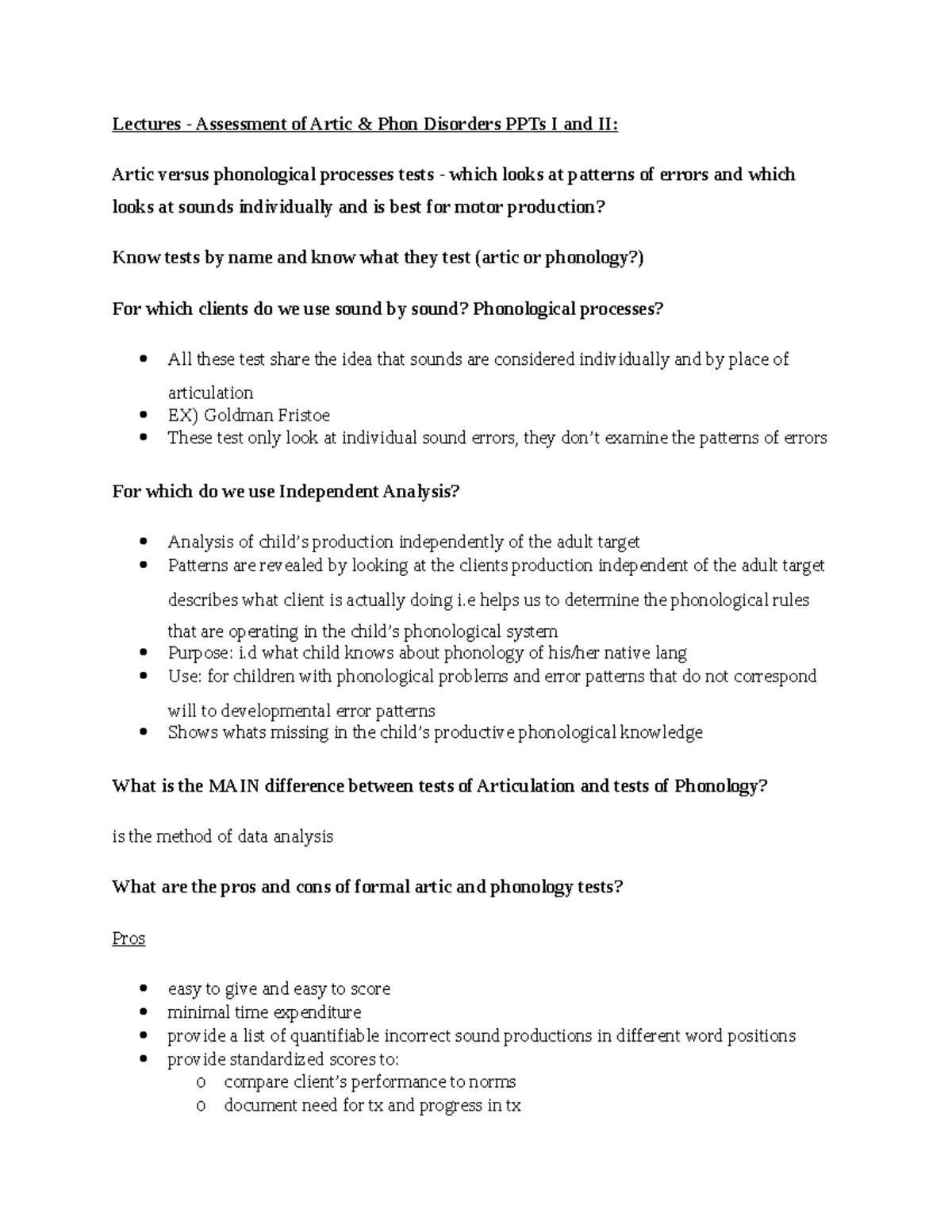 CD 451 final exam study guide - Lectures - Assessment of Artic & Phon ...