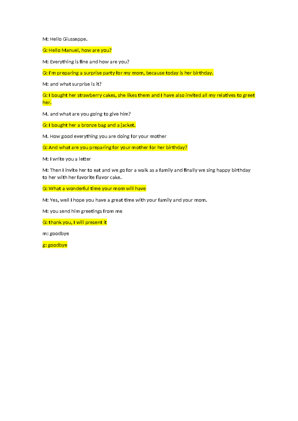 Trabajo ingles 5 - ejercicio de pseint 2024 algoritmos - M: Hello Giusseppe. G: Hello Manuel ...