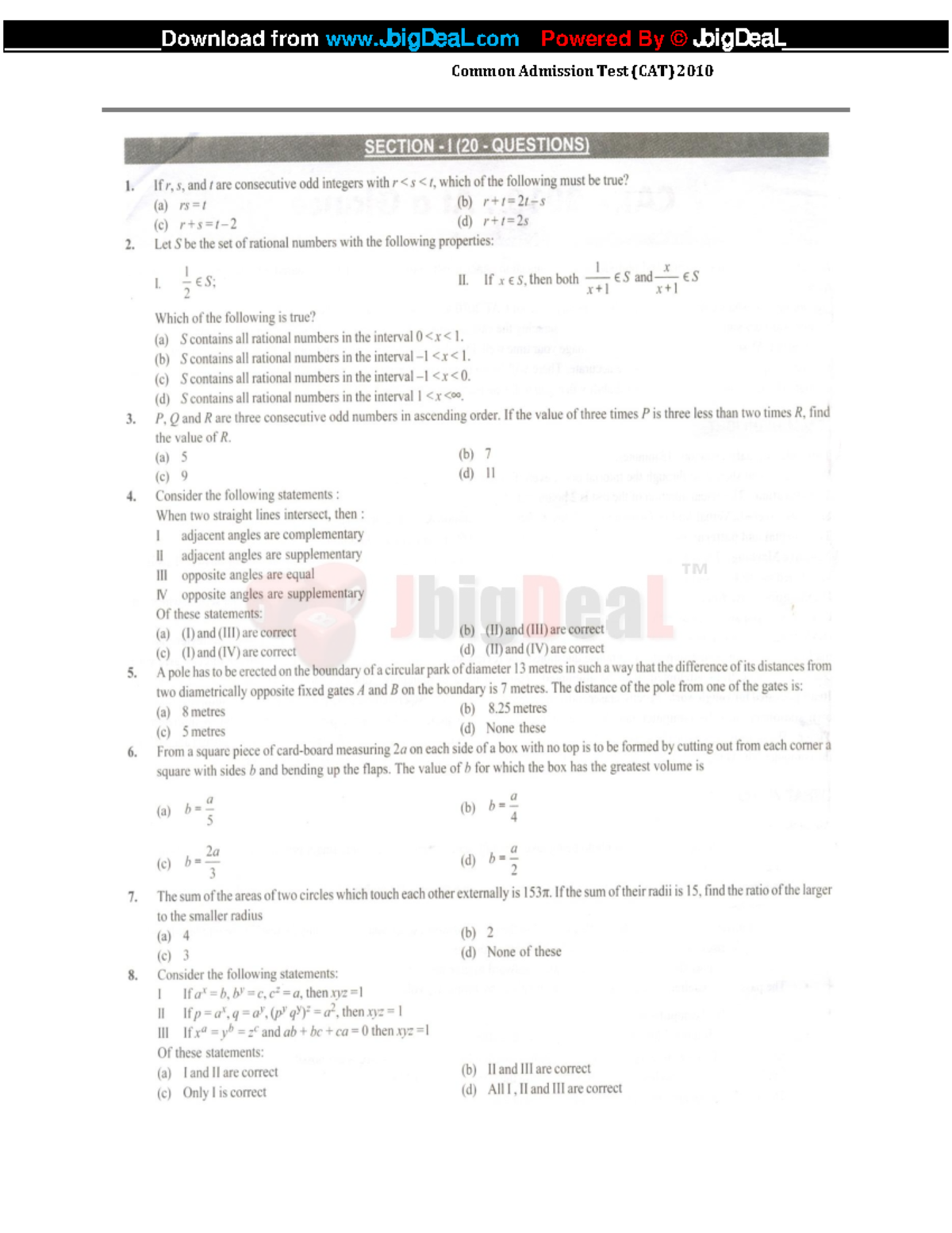 CAT 2010 Paper with Answer Keys - Common Admission Test (CAT) 2010 ...
