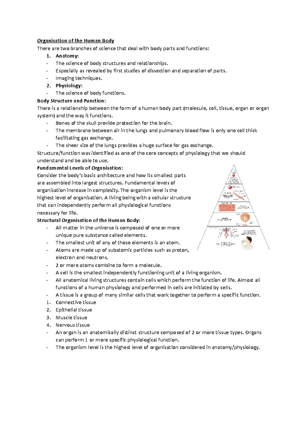 Human Anatomy full semester notes - Organisation of the Human Body ...