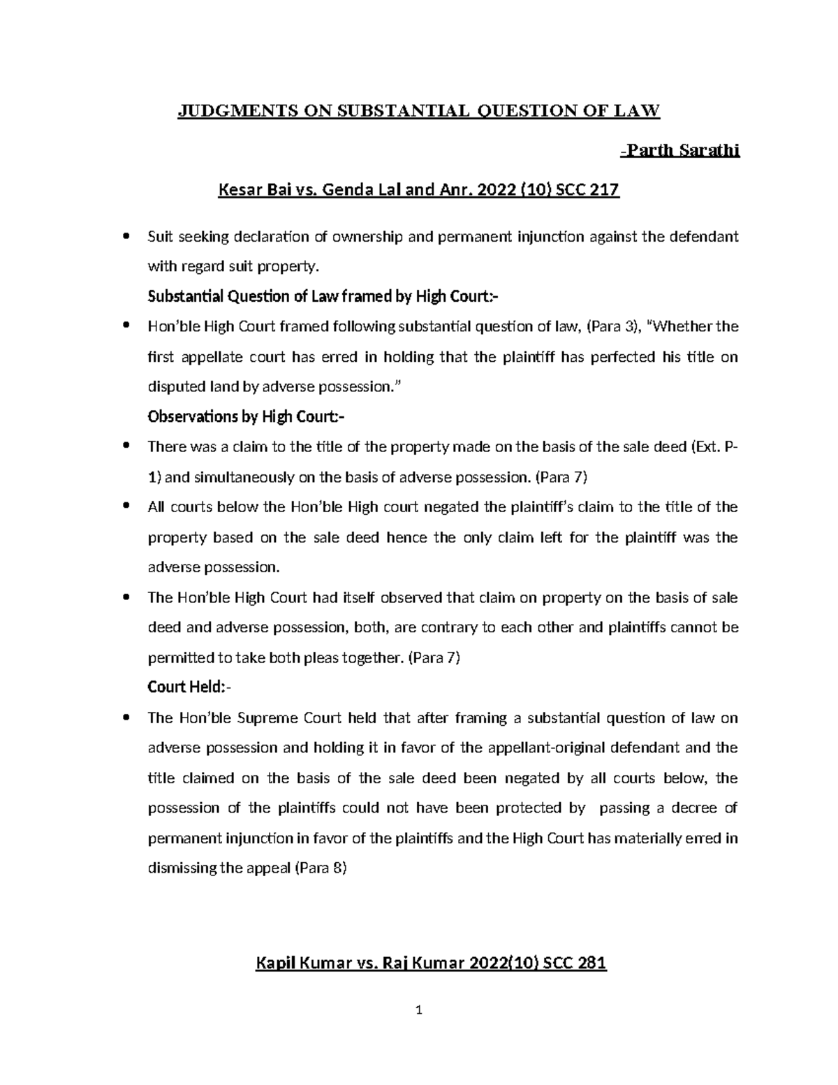 Parth sqol - Substantial question of law relevant case law - JUDGMENTS ...