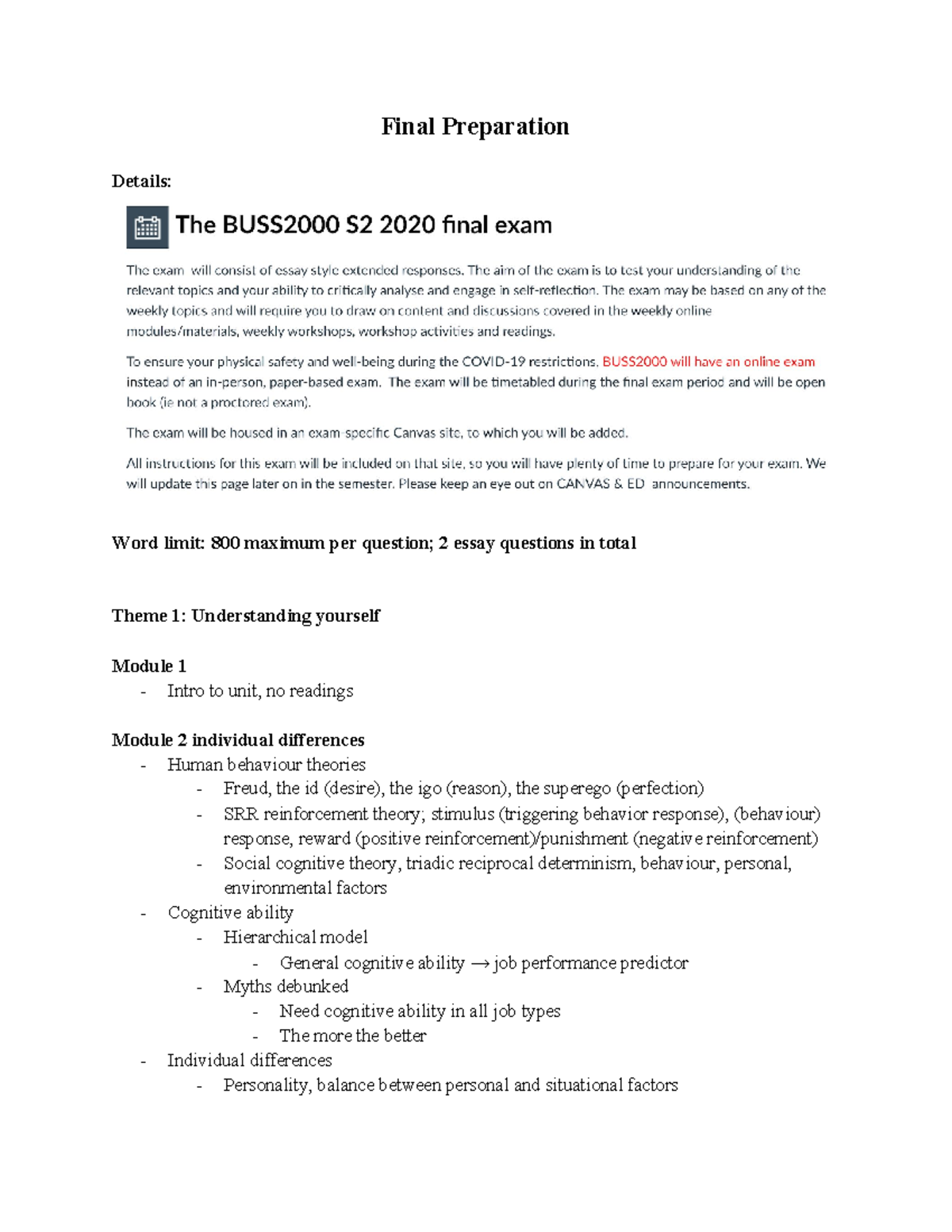 BUSS2000 Notes - Final Prep - Final Preparation Details: Word limit ...