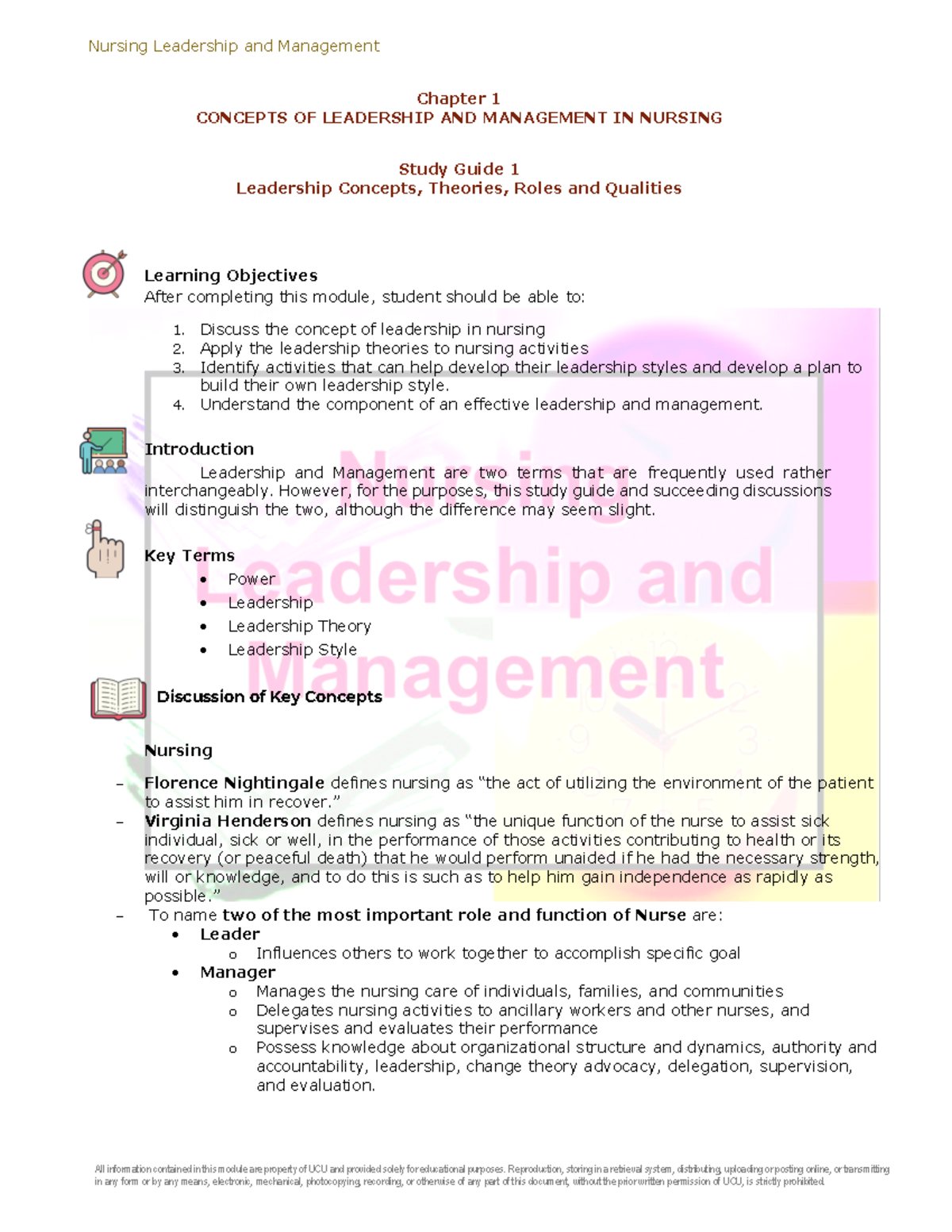 Study Guide 1 Leadership Concepts, Theories, Roles and Qualities ...