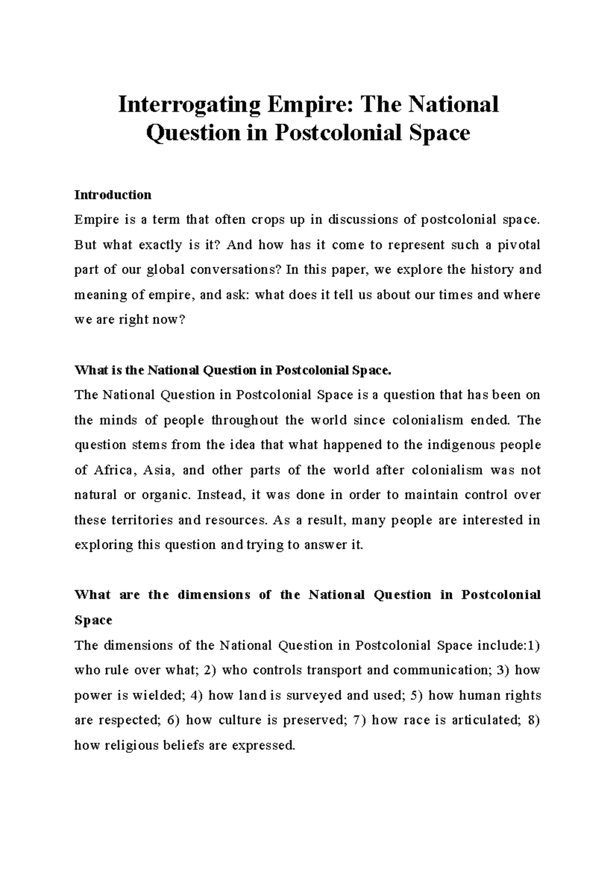 Interrogating Empire: The National Question in Postcolonial Space ...