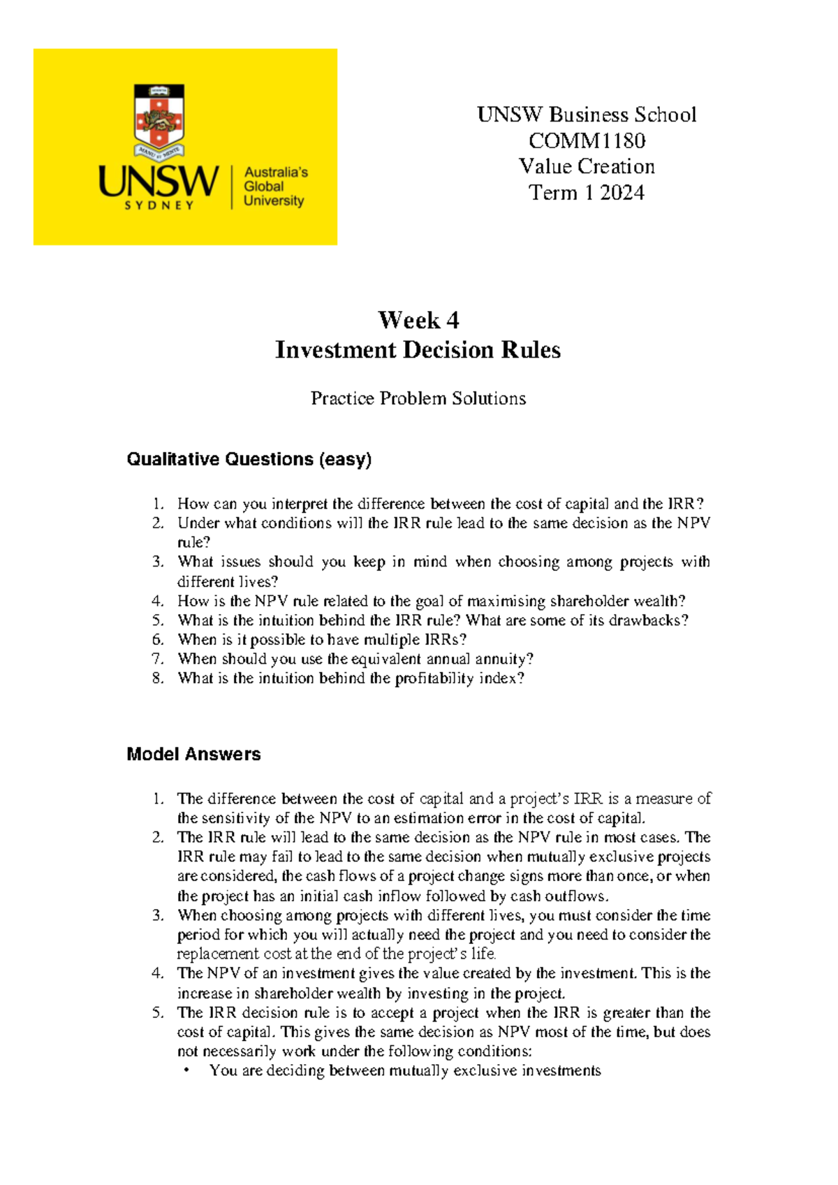 COMM1180 2024T1 Week 04 Practice Problem Solutions - Week 4 Investment ...