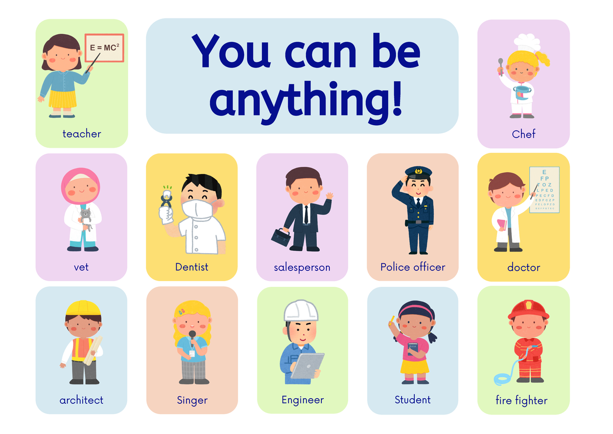 Colorful Cute Jobs for Kids Poster - Inglés 1 - doctor teacher Chef ...
