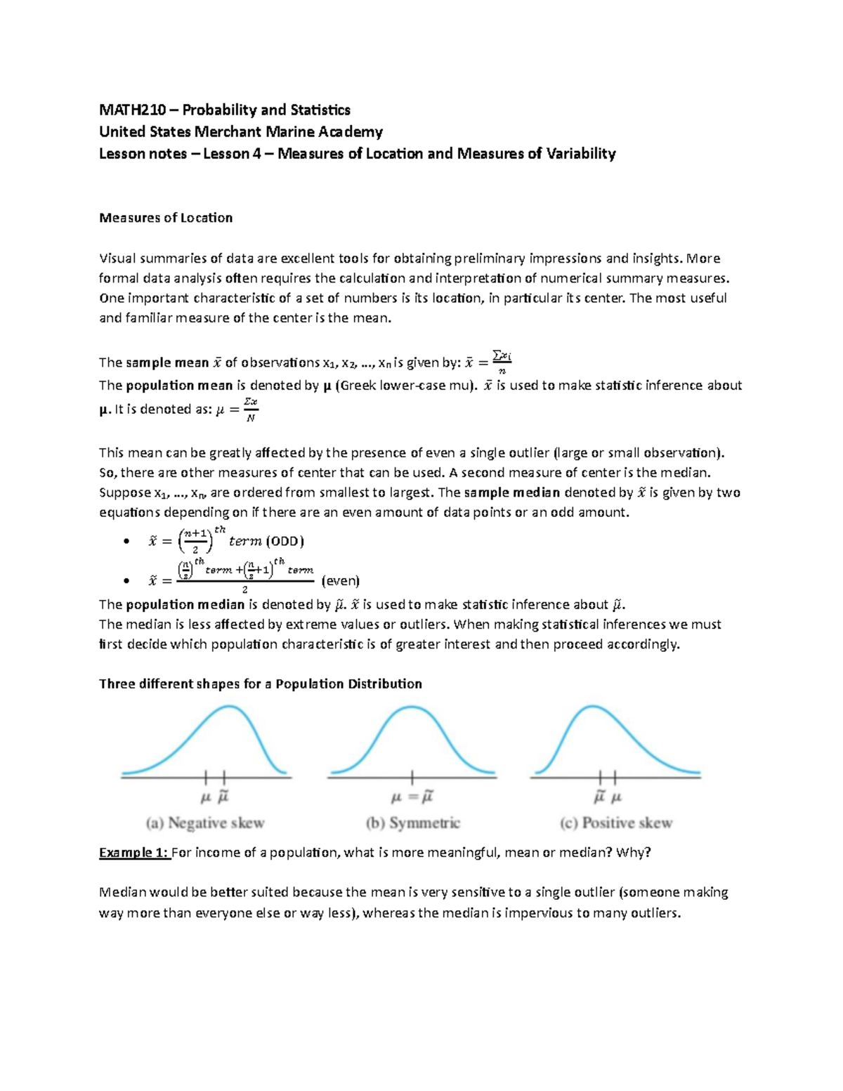 MATH210 Probability and Statistics Lesson notes 4 Measures of Location ...